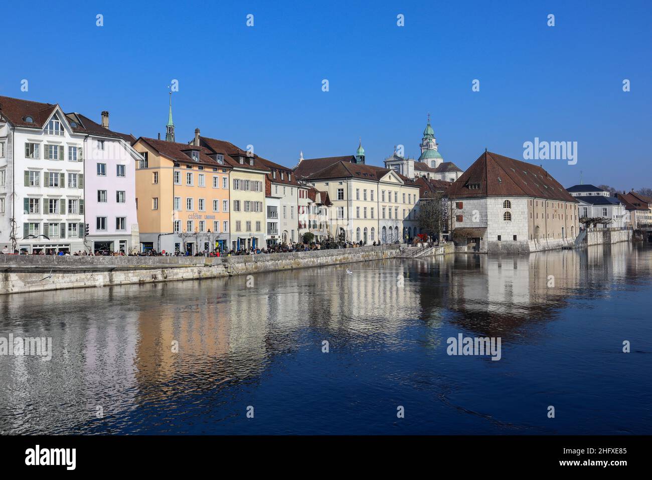Solothurn, Switzerland, 15. January 2022: View along the Aare River to ...