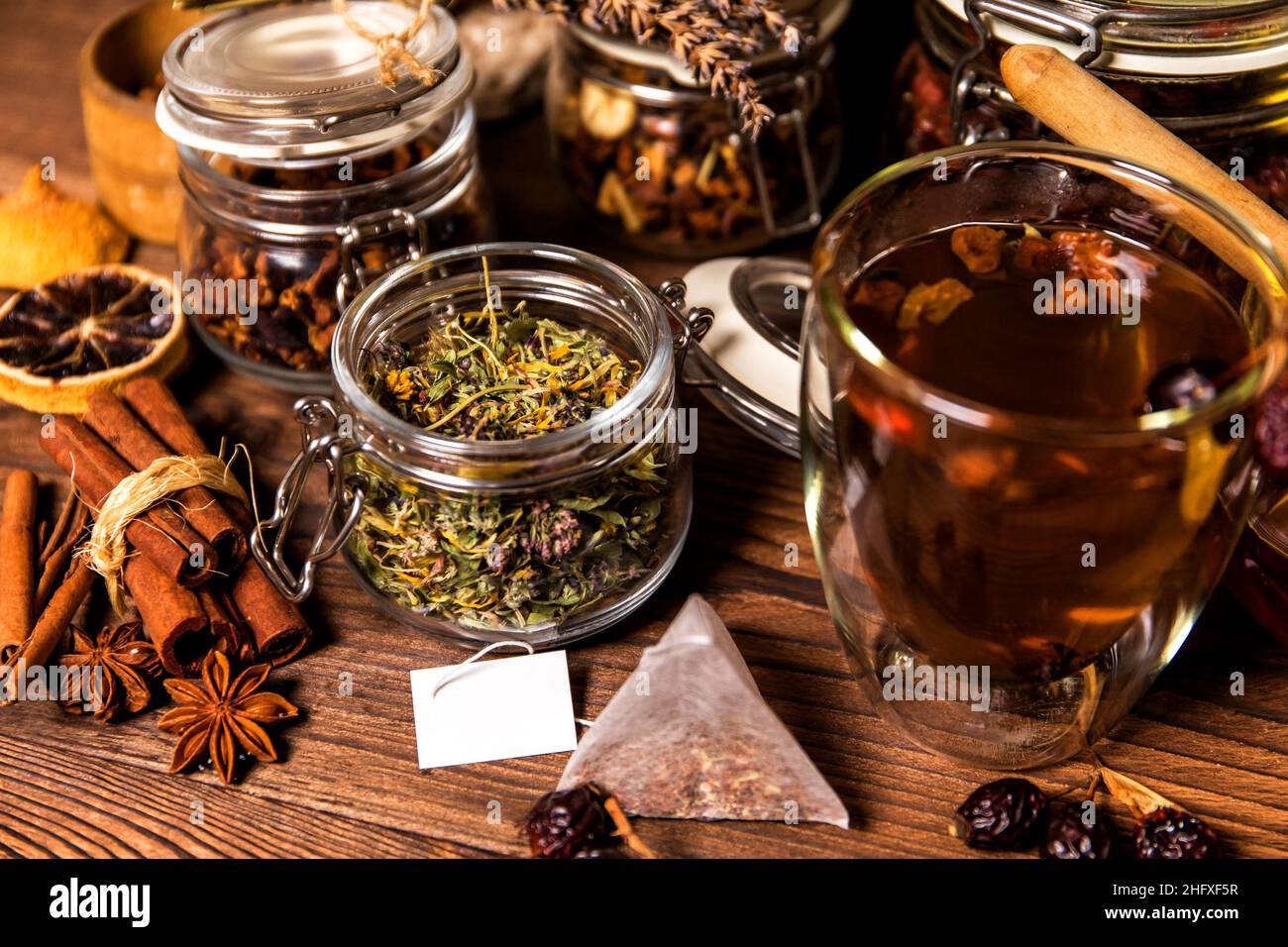 Herbal tea. Herbal harvest collection and bouquets of wild herbs ...