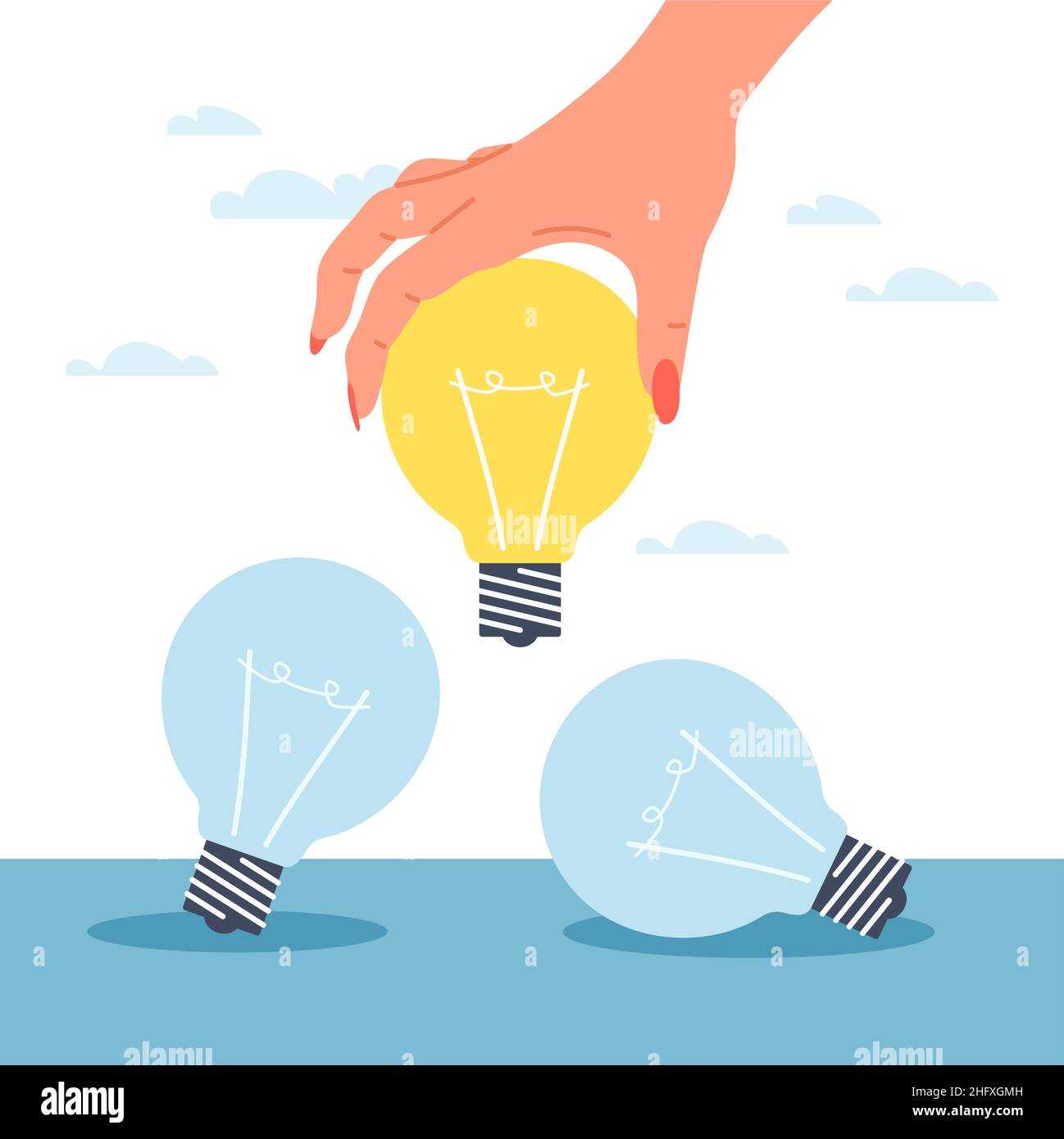 Choosing the best idea. Woman hand hold light bulb, different ways to ...