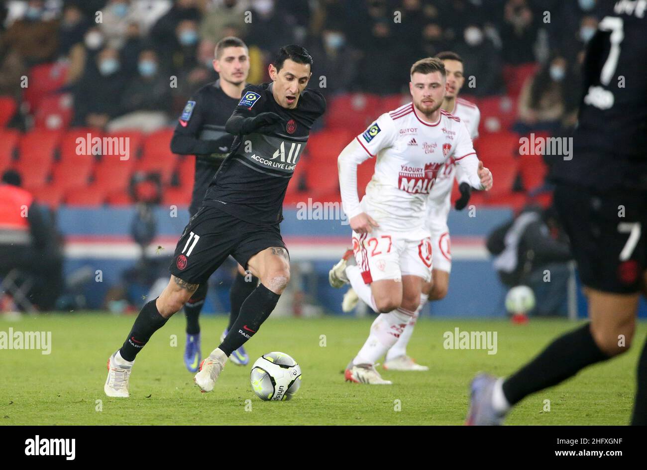 Angel Di Maria of PSG, Hugo Magnetti of Brest during the French ...