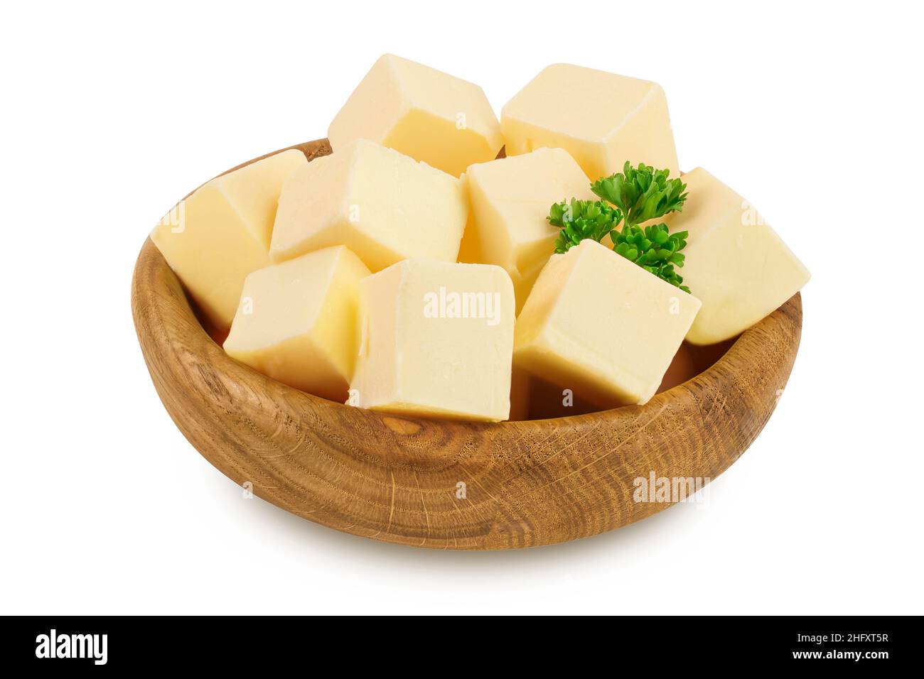 butter cubes in wooden bowl isolated on white background with clipping ...