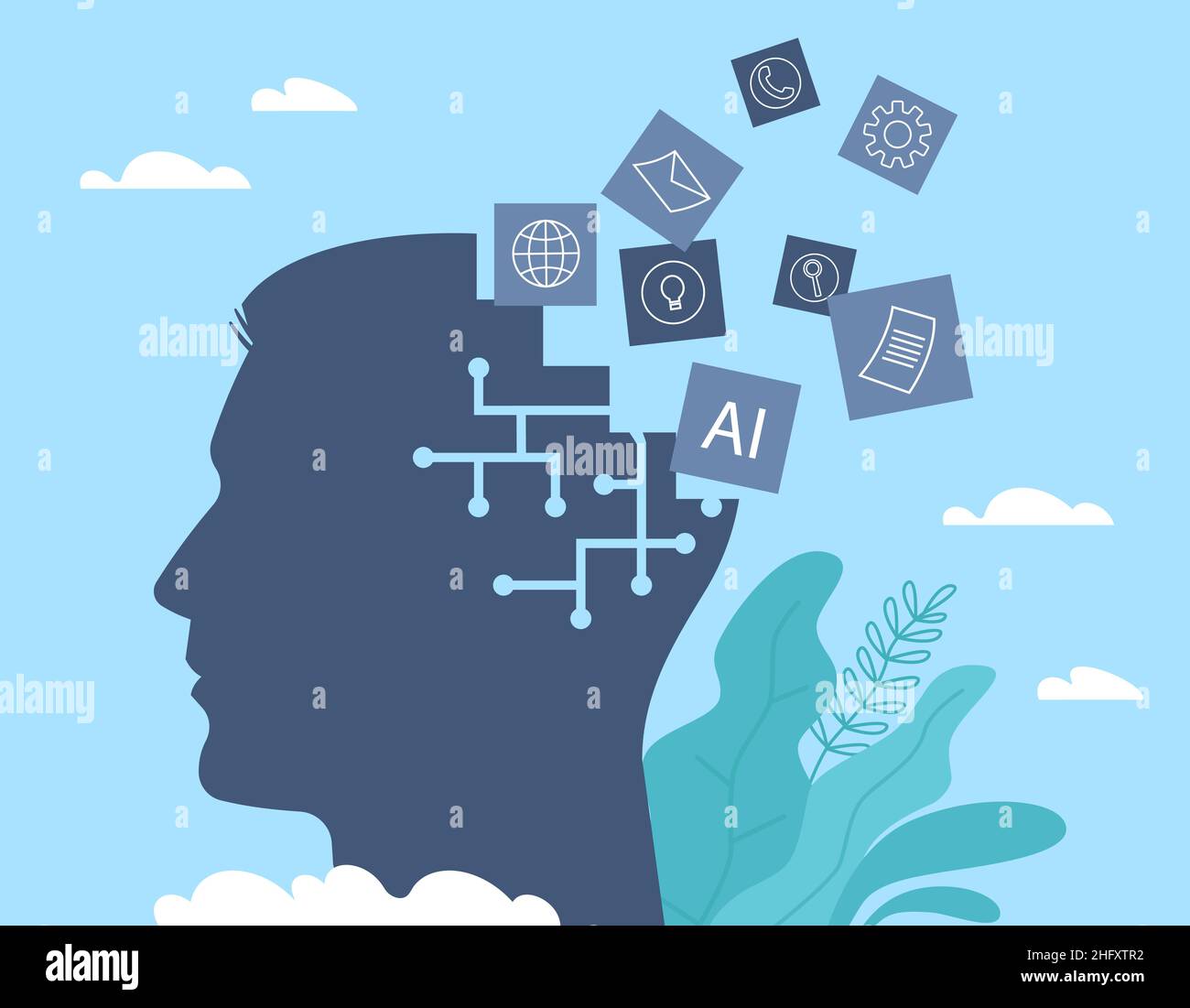 Human intelligence. Human head silhouette with knowledge signs and ...