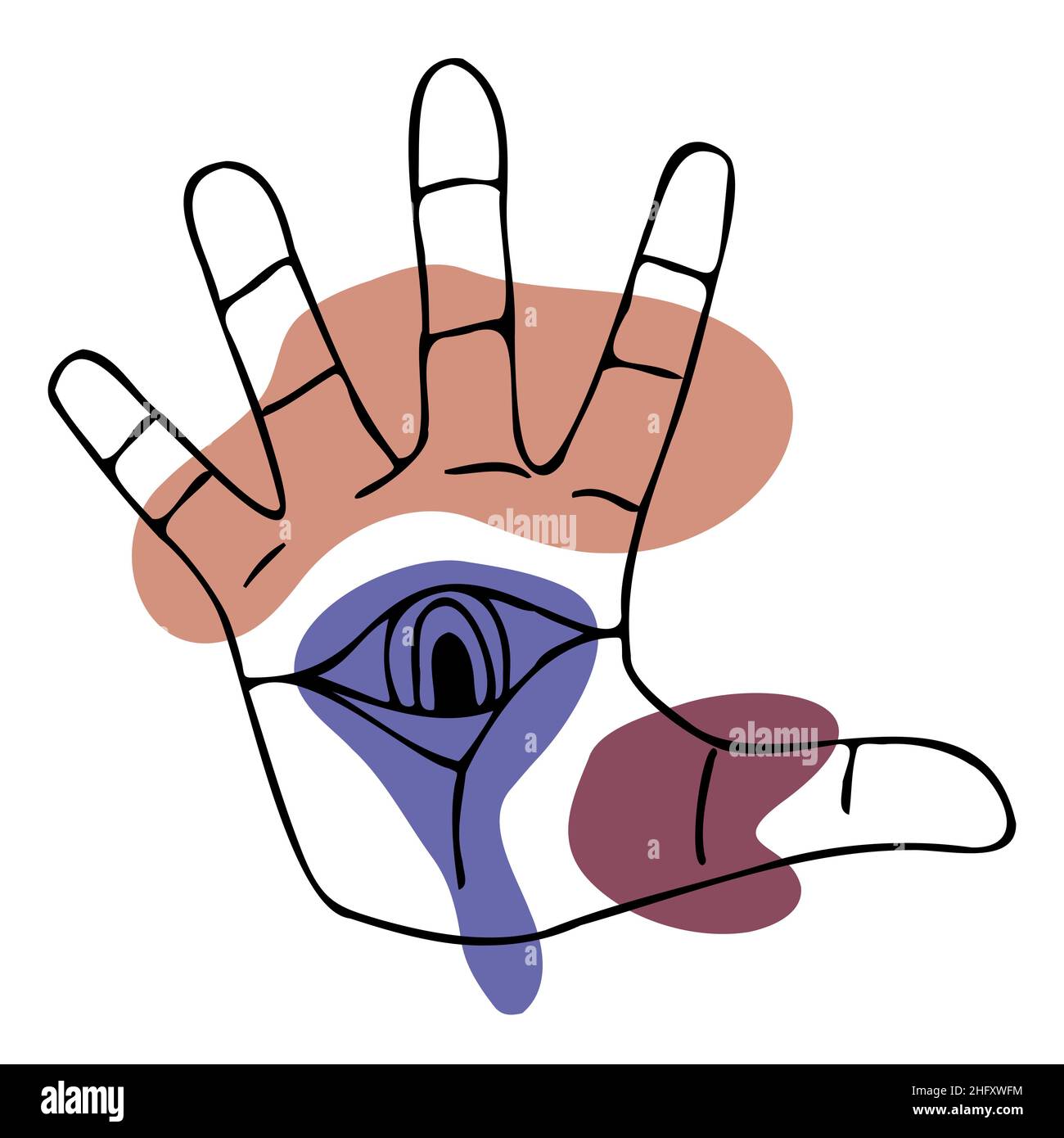 Open hand with fingers splayed and magic all seeing eye. Palm on ...
