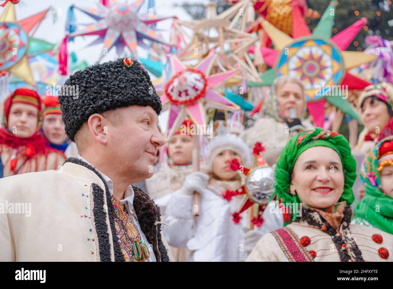 Lviv, Ukraine - January 8, 2022 : The flash of Christmas star festival ...