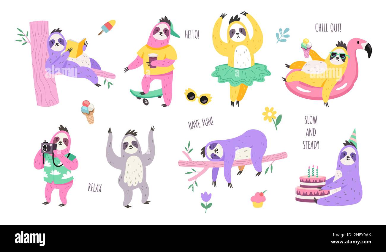Sloth characters. Cute lazy animals in different poses, reading book ...