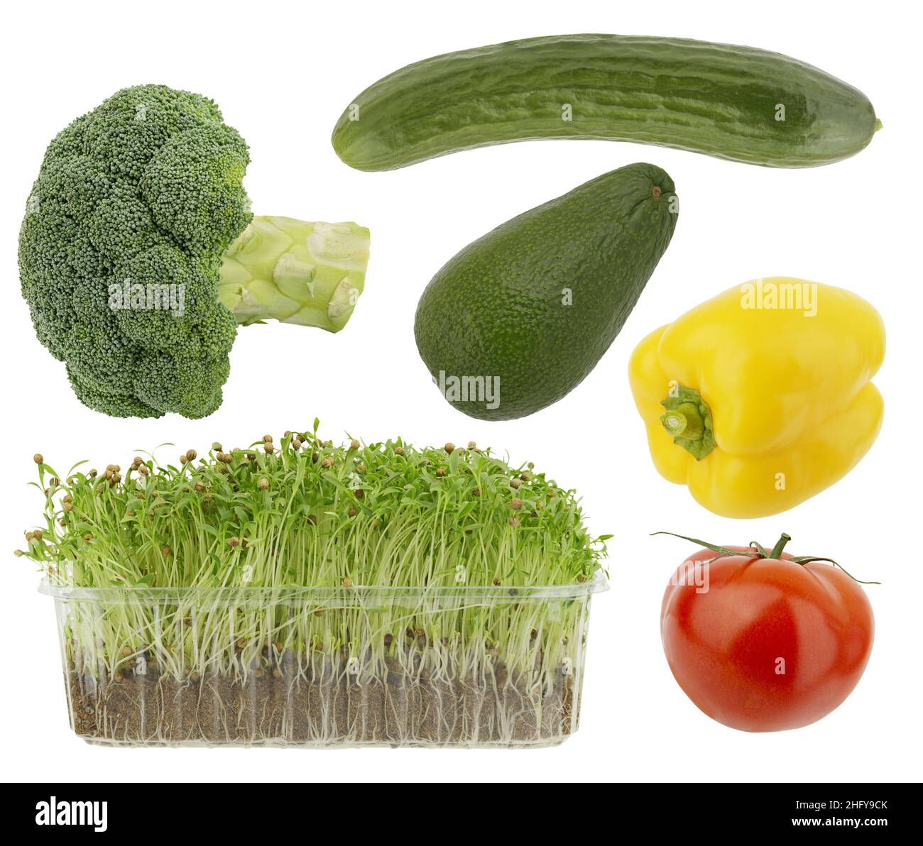 Collection of fresh vegetables and a microgreen isolated on white ...