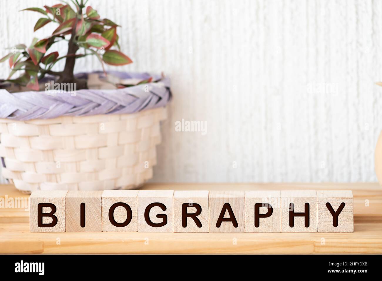 BIOGRAPHY word concept written on wooden blocks, cubes on a dark table ...