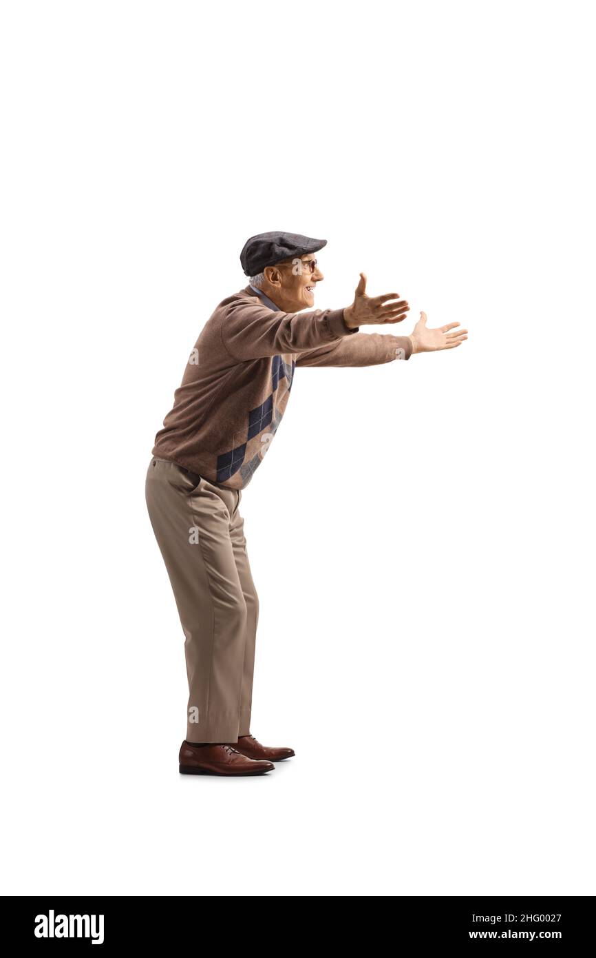 Full length profile shot of an elderly man waiting with arms wide open ...