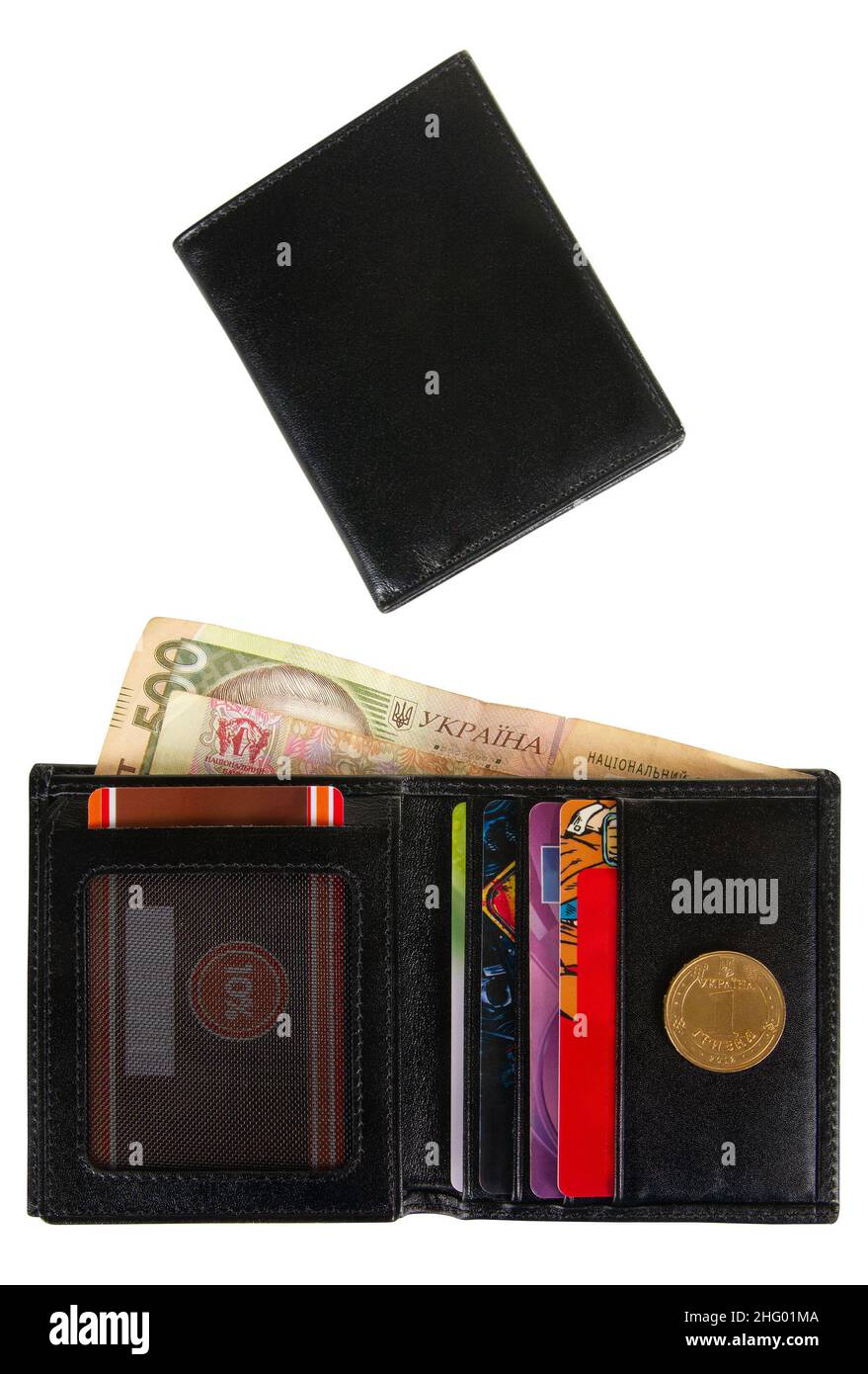 Open and closed black leather wallets with Ukrainian money isolated on ...