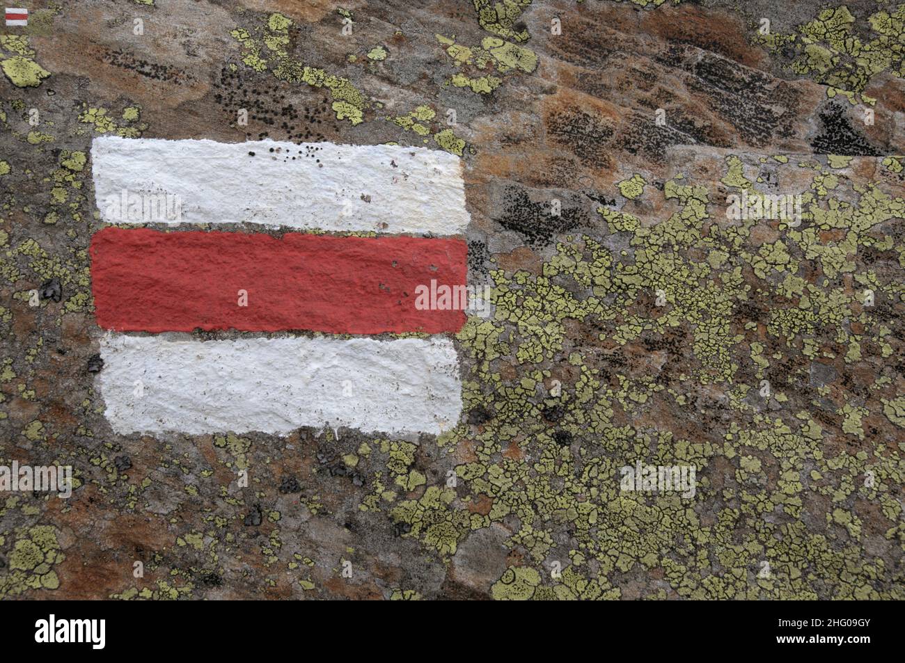 Footpath sign painted on lichen-encrusted rock by the Tomasee, Grisons ...