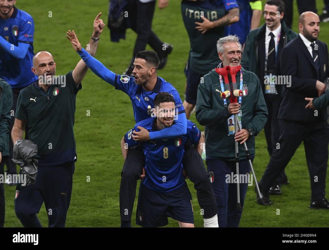 Italian players celebrate at the end of the Euro 2020 final soccer ...