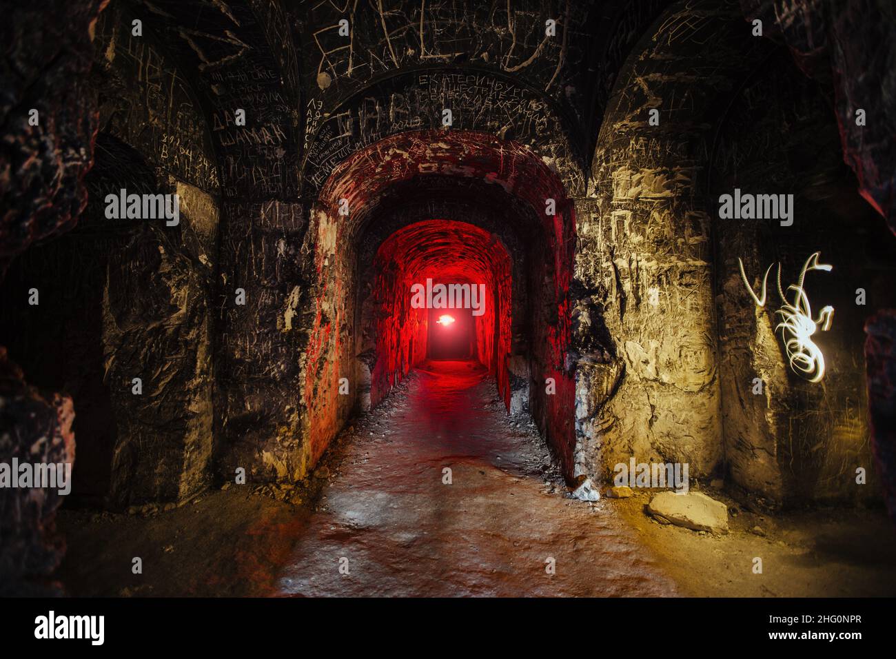 Dark creepy abandoned underground chalky cave temple Stock Photo - Alamy