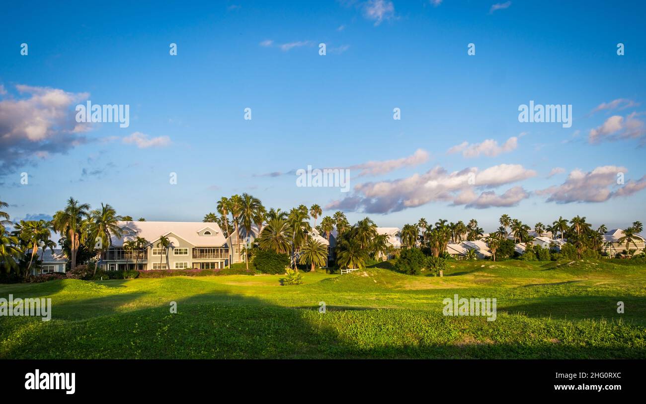 Grand Cayman, Cayman Islands, Nov 2021, buildings by a redundant golf ...