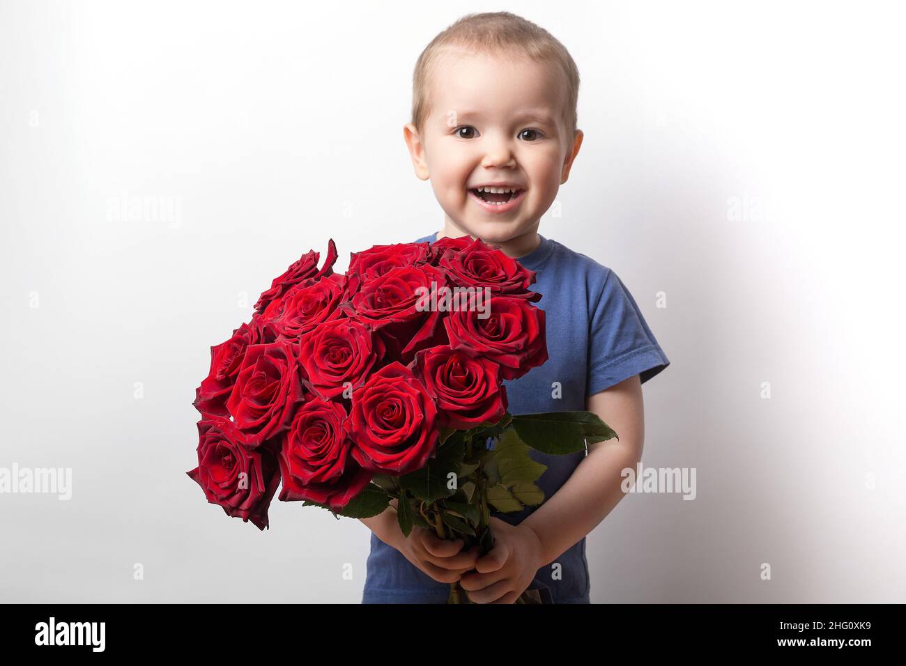 happy little boy with a bouquet of red roses .portrait on a white ...