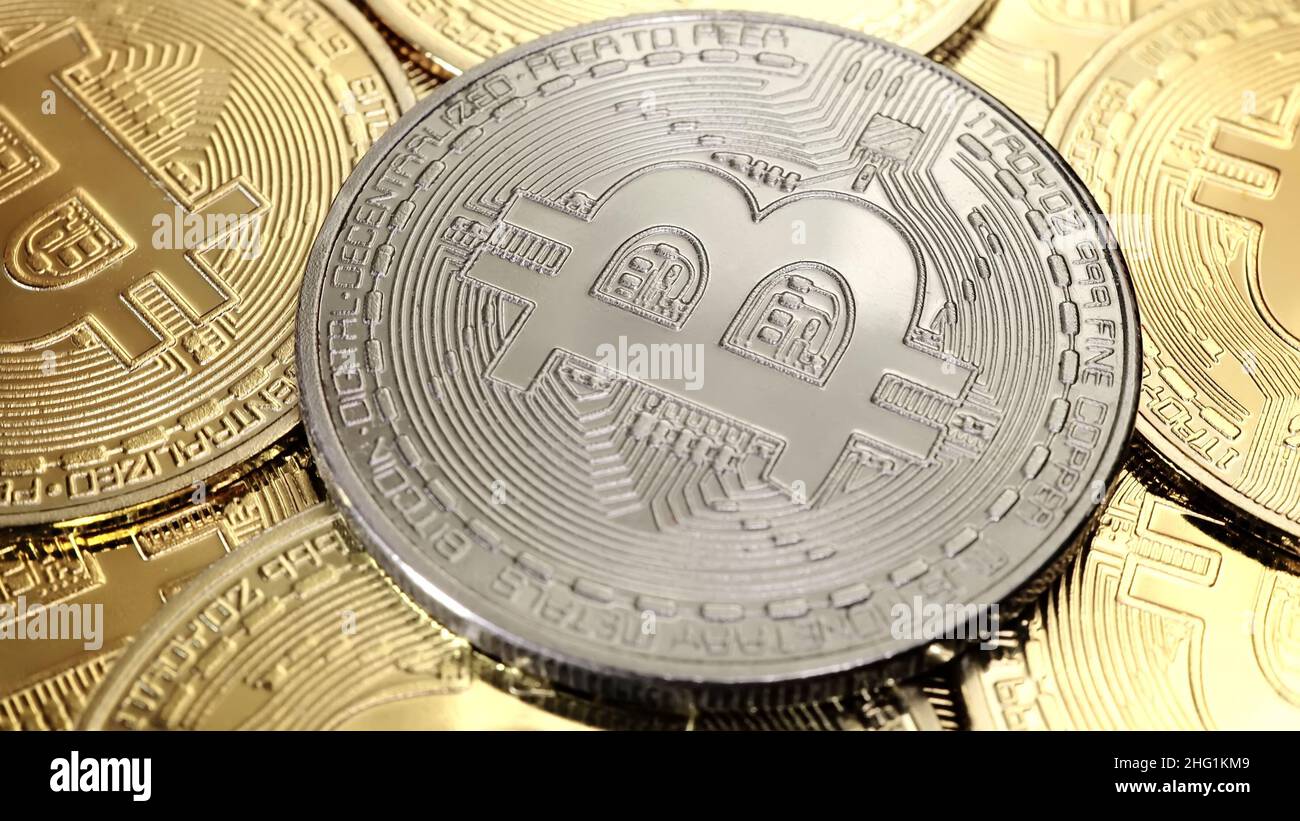 Crypto currency, bitcoin. BTC, Bit Coin. Blockchain technology, bitcoin mining. Macro shot of ...