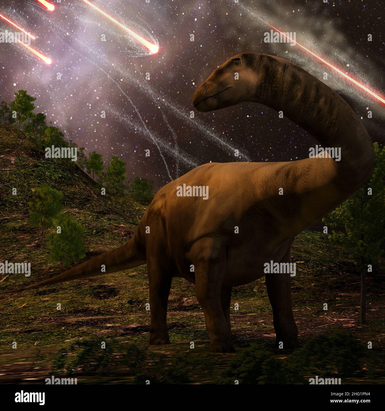 An dinosaur looks upon meteors raining down that would precede the ...