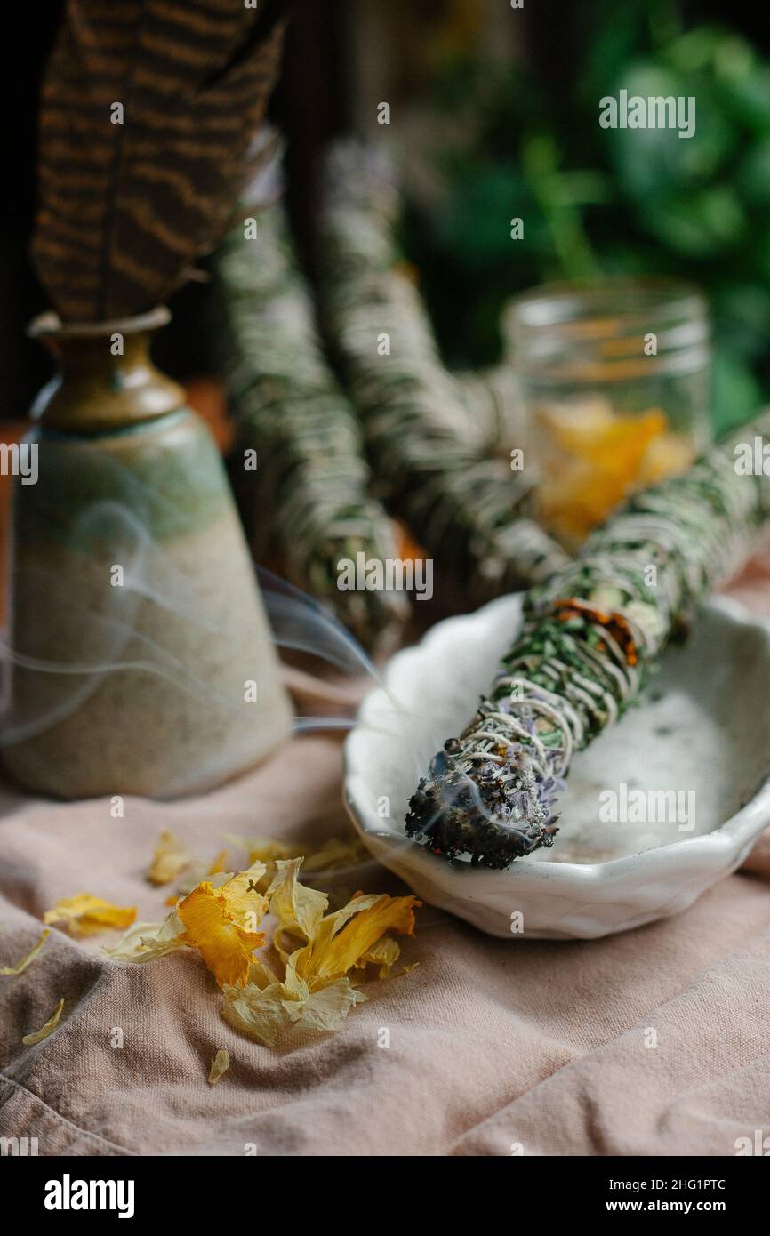 Lit and Smoking Dried Herbal Smoke Sticks Styled Stock Photo - Alamy