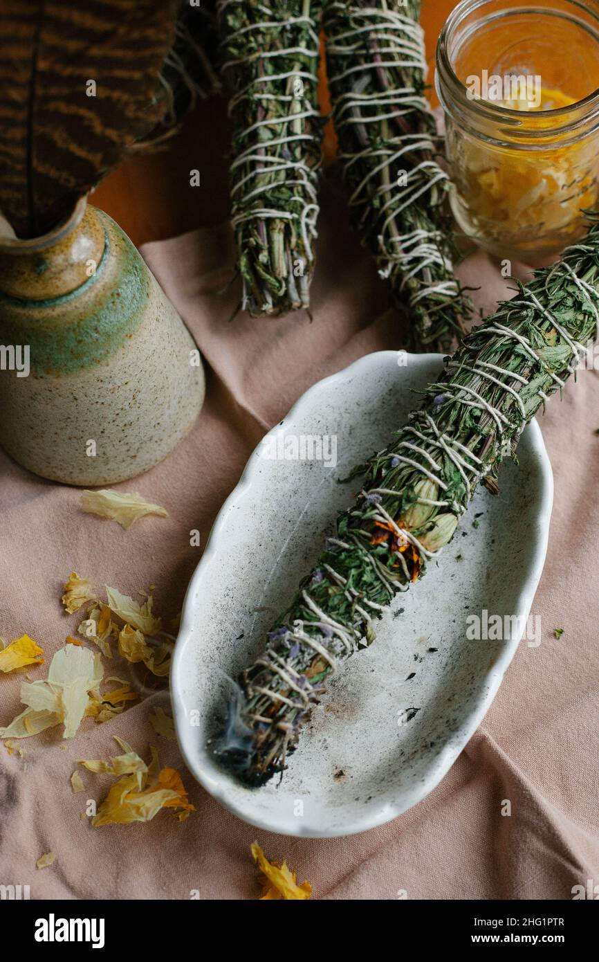 Lit and Smoking Dried Herbal Smoke Sticks Styled Stock Photo - Alamy
