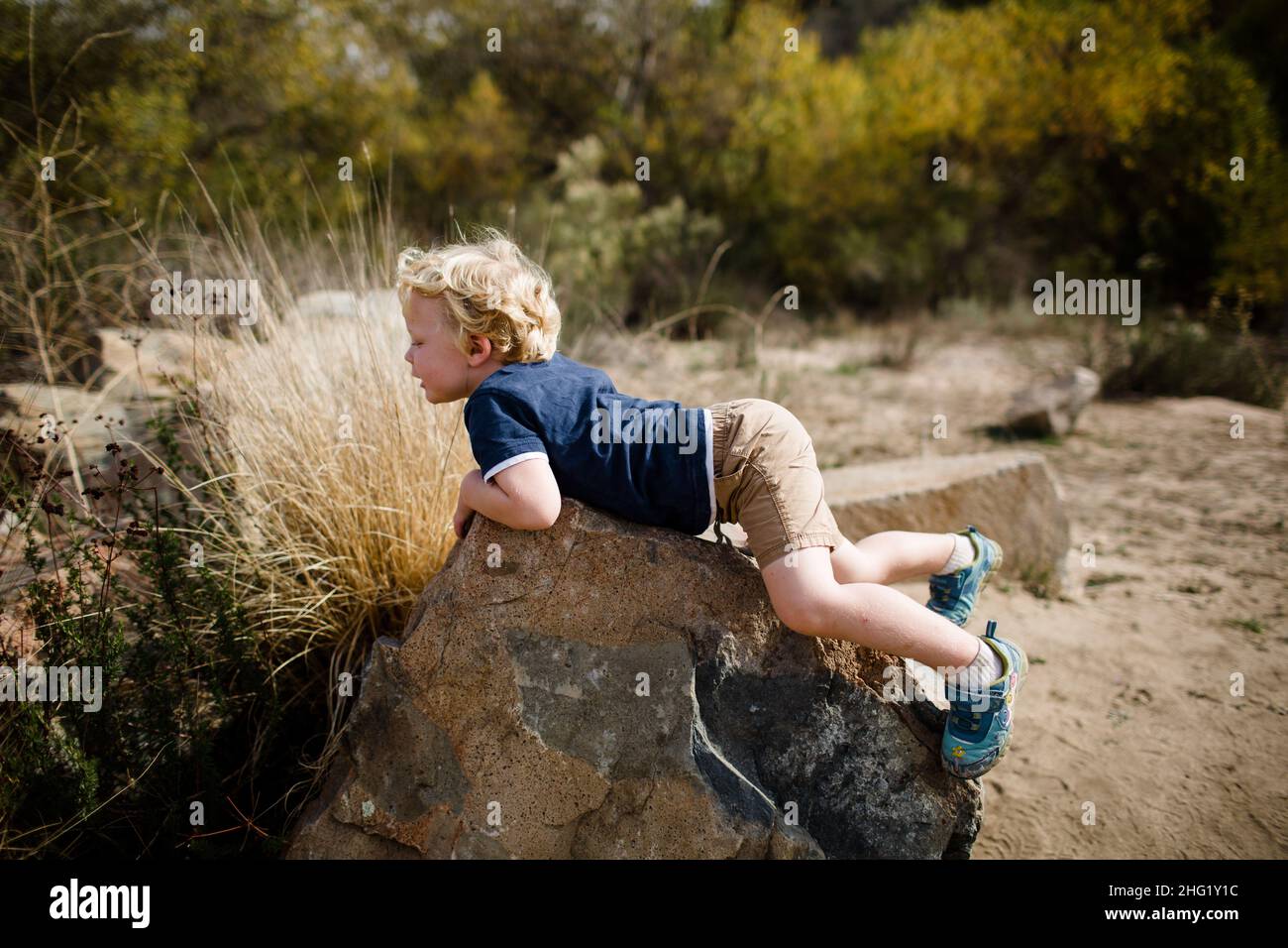 Three Year Old Laying on Rock at Mission Trails in San Diego Stock ...