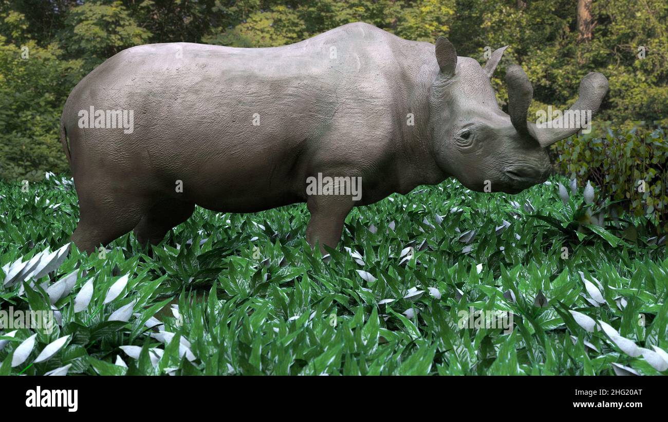 An illustration of a Brontotherium eating a buffet of vegetation ...