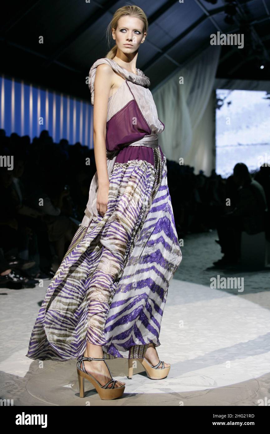 A model on the catwalk wears a design by Cavalli for the Spring/Summer ...