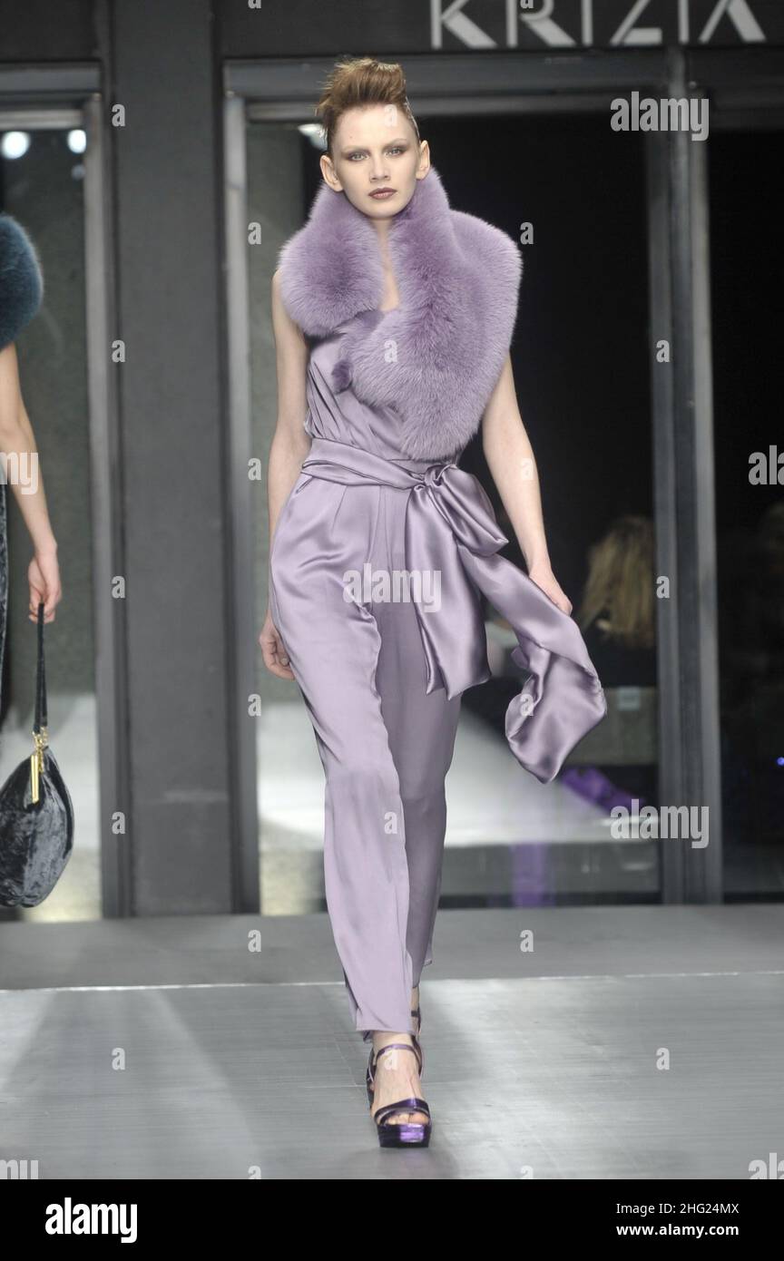 A model on the cat walk wears a design by Krizia during Milan Fashion ...