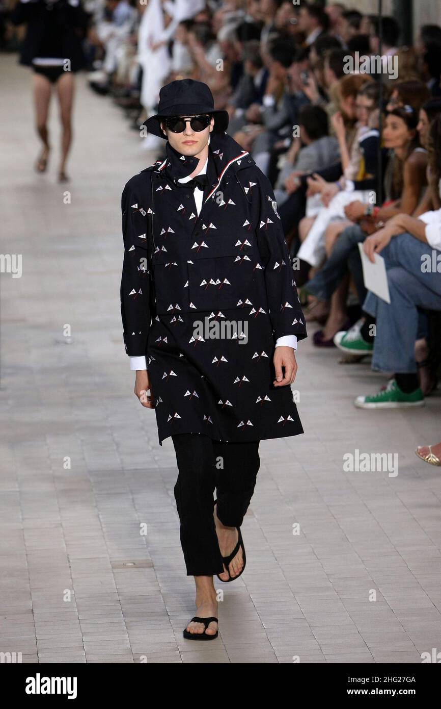 A model display creations by Moncler during the catwalk show in Milan ...