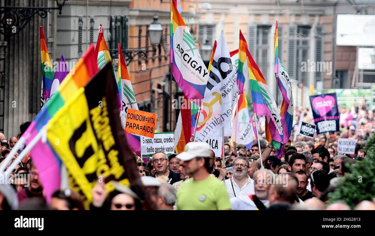 Participants is seen during a Gay Pride parade in Genova, Italy Stock ...