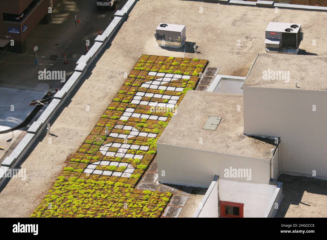 A roof garden with the word Dayton embedded. Aerial view. On top of ...