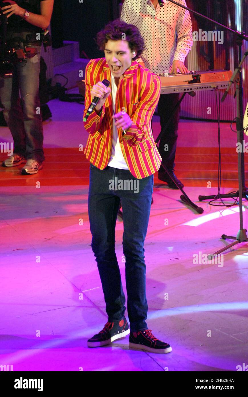 Mika is seen performing live on stage for an Italian TV programme in ...