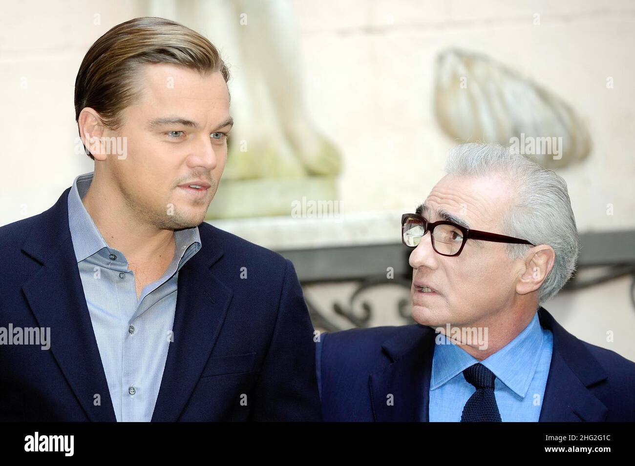 Director Martin Scorsese and actor Leonardo DiCaprio pose during a photocall for their new movie ...
