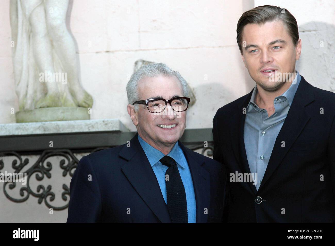Director Martin Scorsese and actor Leonardo DiCaprio pose during a photocall for their new movie ...