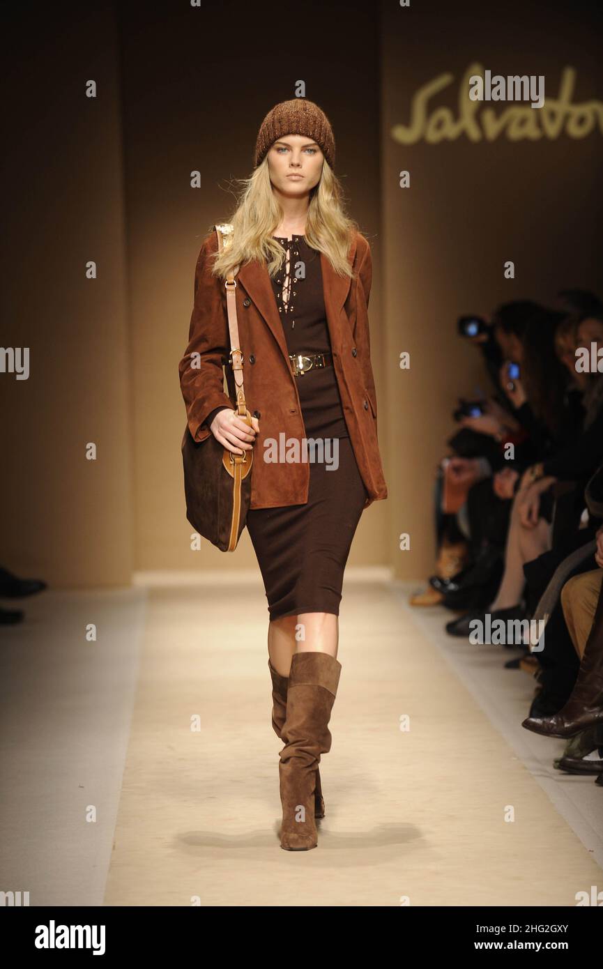 A model on the catwalk during the Salvatore Ferragamo fashion show as ...