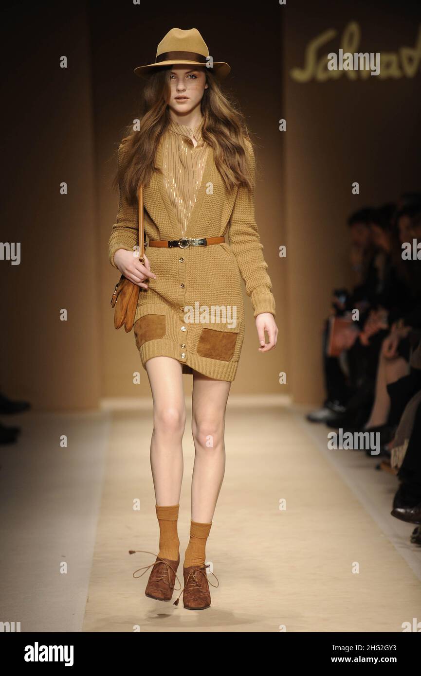 A model on the catwalk during the Salvatore Ferragamo fashion show as ...