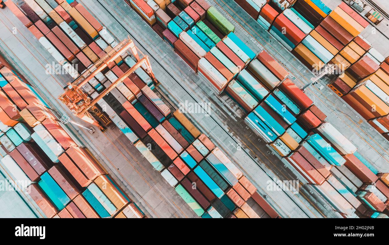 Aerial view of shipping container port terminal. Colourful pattern of ...