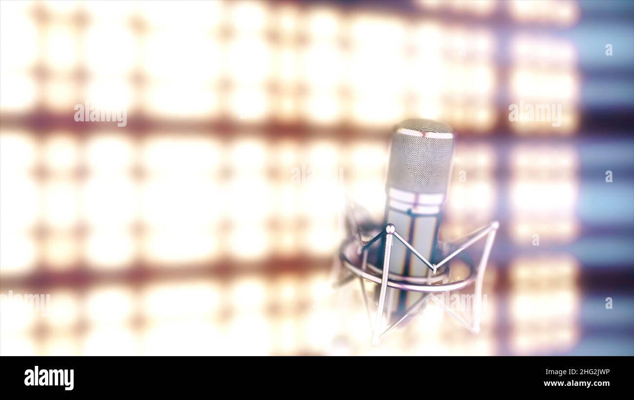 Microphone on stage with bright, golden, blurred spotlights on ...