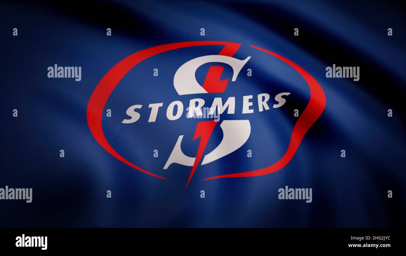 Waving in the wind flag with the symbol of the Rugby team the Stormers ...