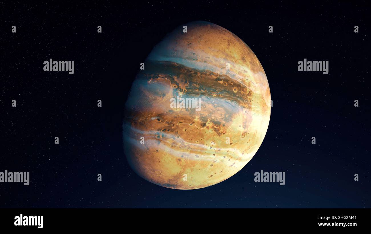 Abstract breathtaking cosmic landscape with giant Jupiter planet hidden ...