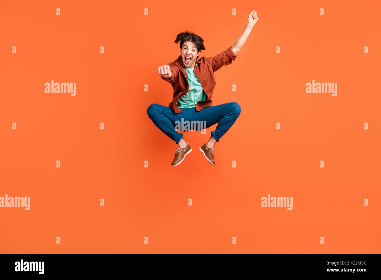 Full size photo of funky smiling screaming guy jump rodeo cowboy ...