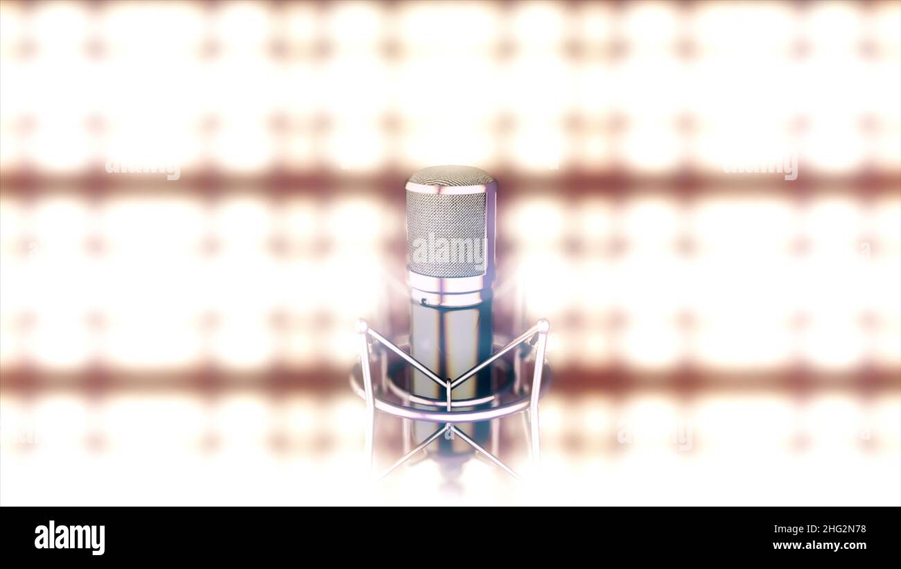 Microphone on stage with bright, golden, blurred spotlights on ...