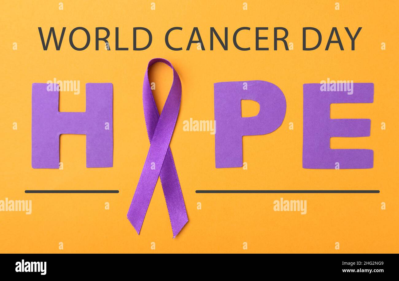 Purple ribbon and word HOPE on color background. World Cancer Day Stock ...