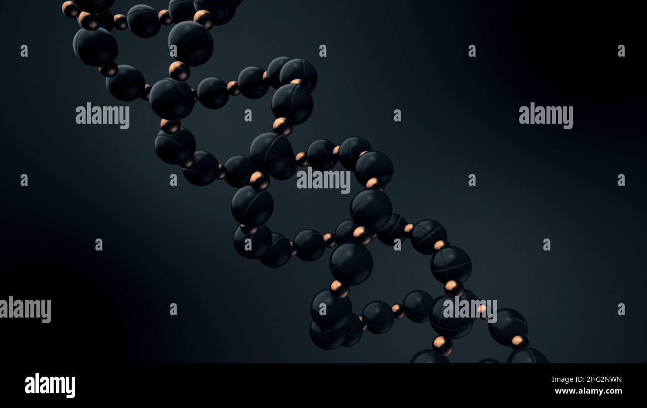 Digital, abstract DNA consisting of black and bronze spheres spinning ...