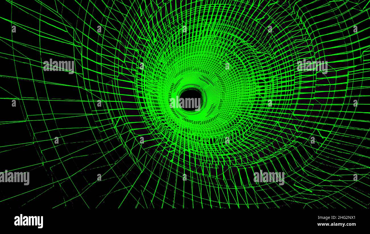 Flying through digital plexus tunnel of green color on black background, seamless loop. 3D ...