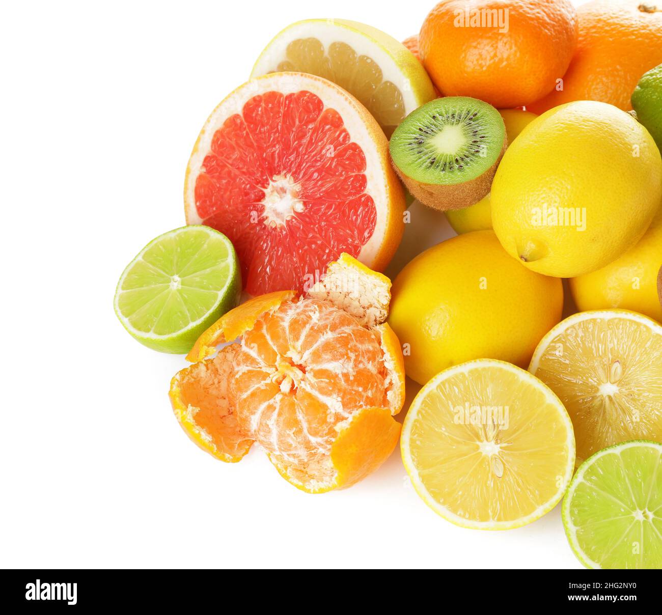 Different healthy citrus fruits on white background Stock Photo - Alamy