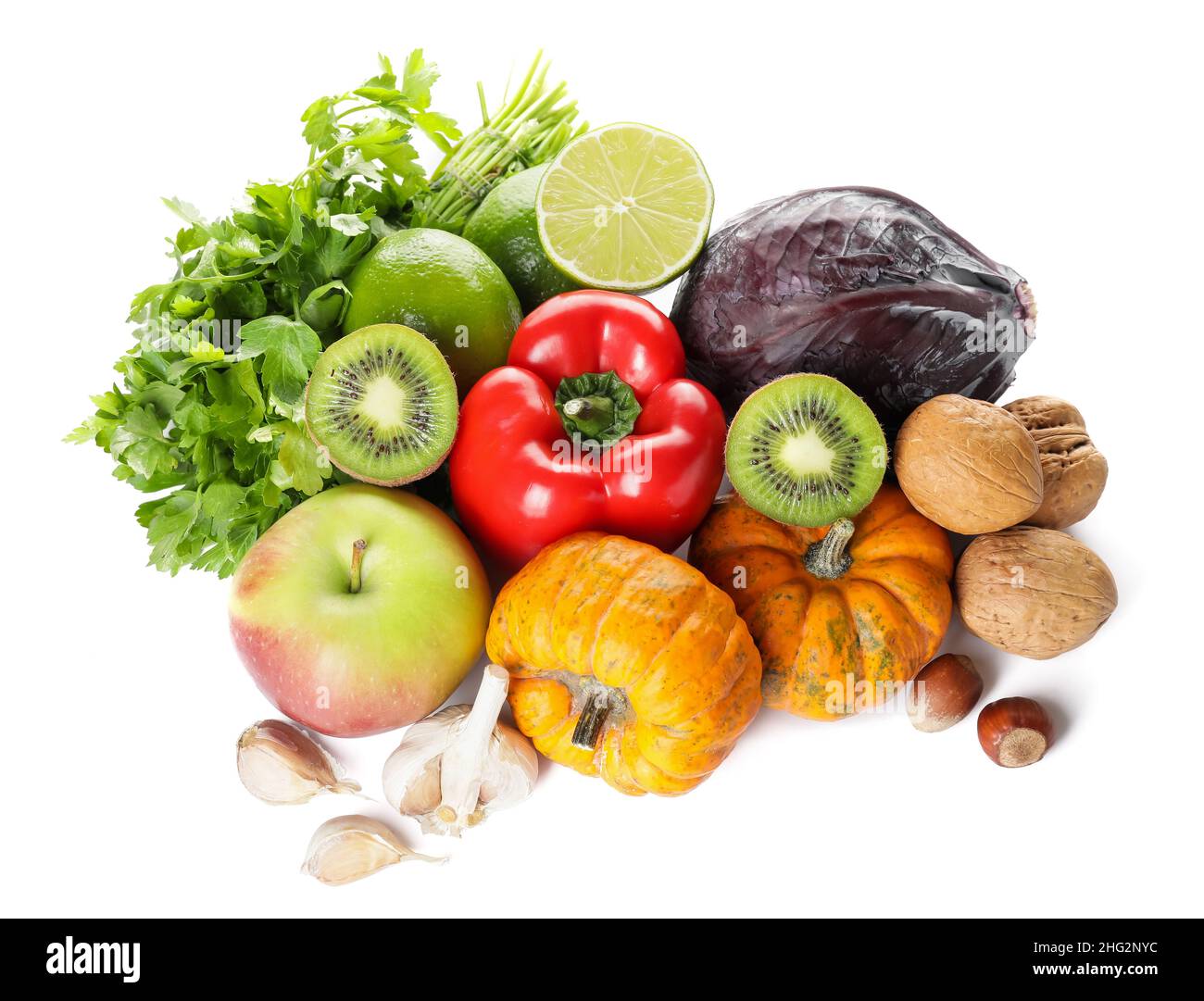 Different healthy products on white background Stock Photo - Alamy