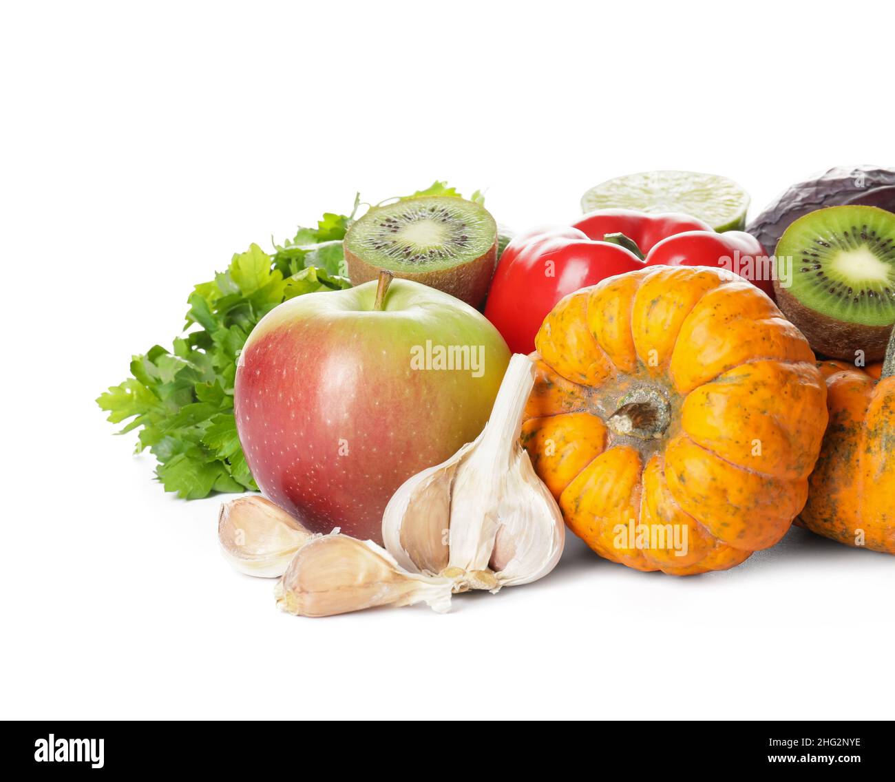 Different healthy products on white background Stock Photo - Alamy