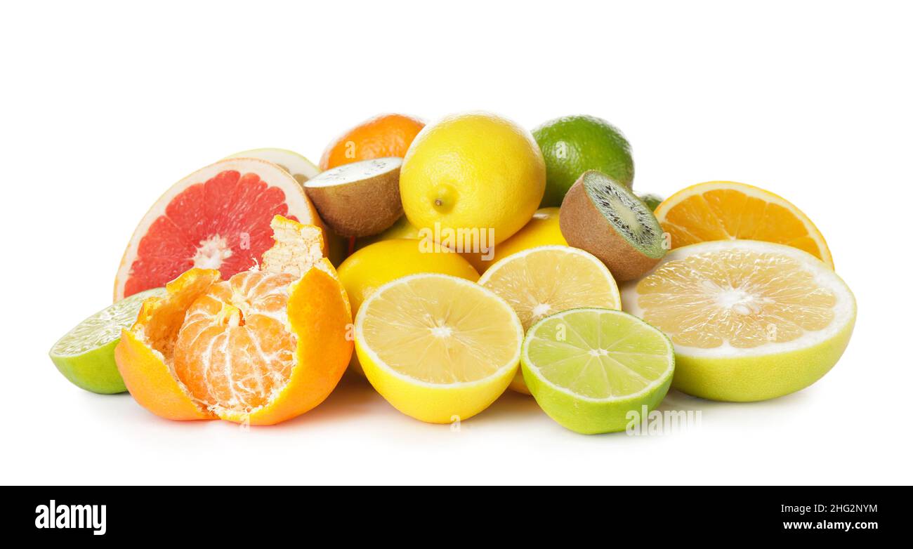 Different healthy citrus fruits on white background Stock Photo - Alamy