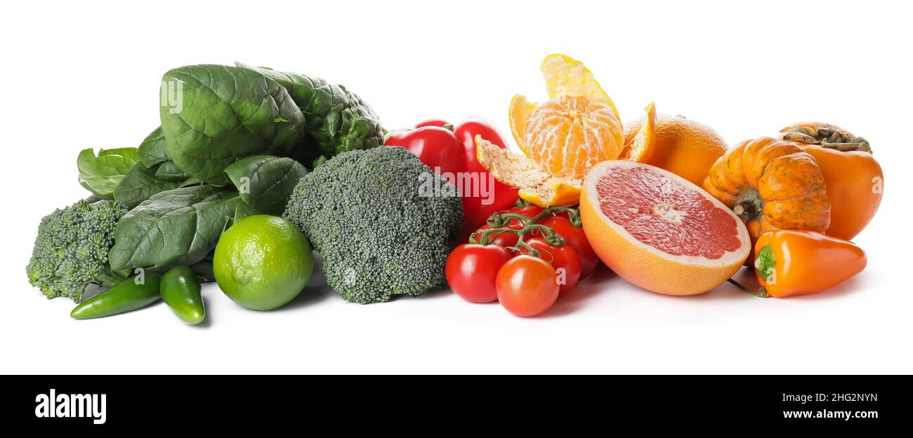 Different healthy products on white background Stock Photo - Alamy