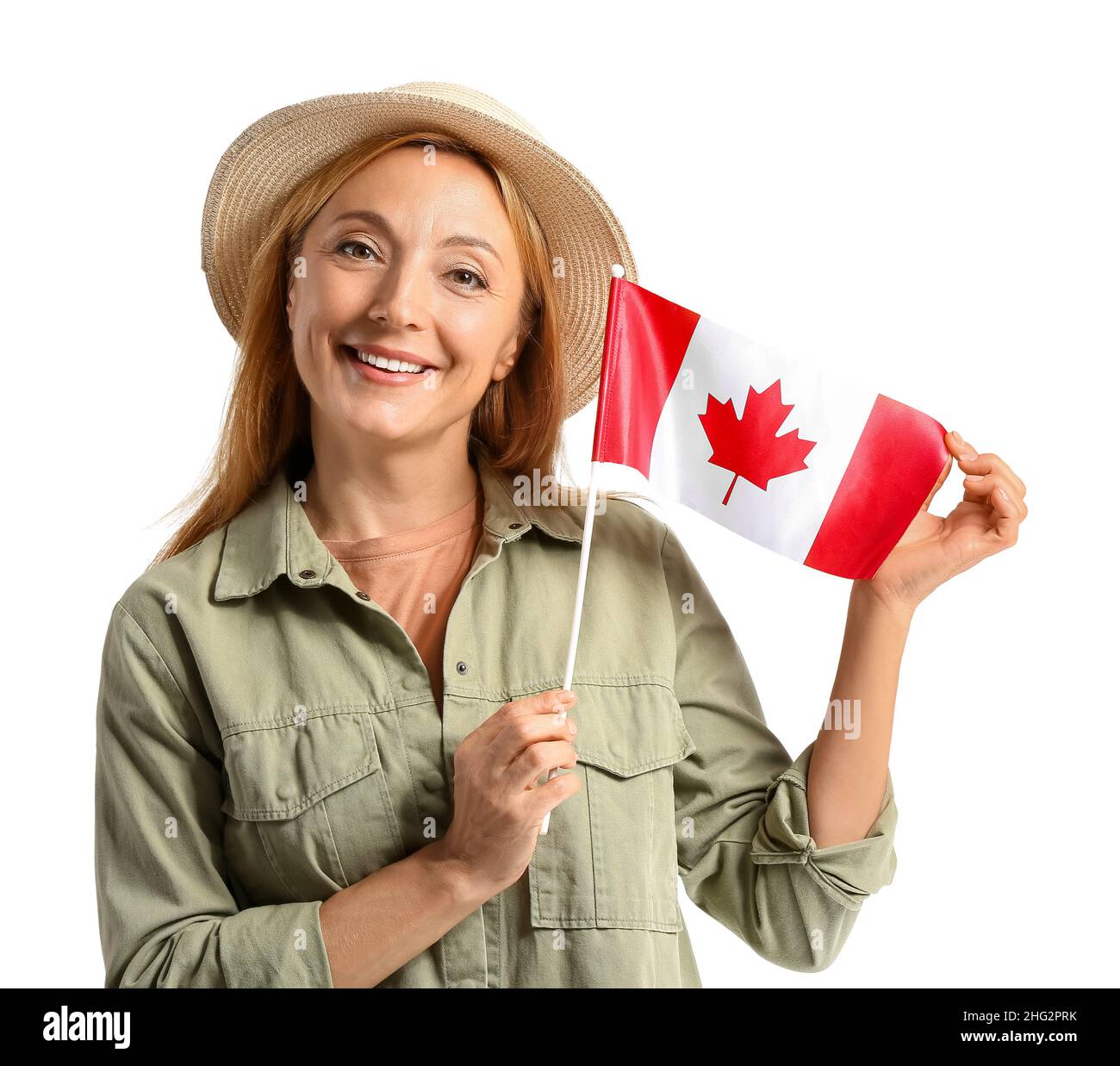Mature woman with Canadian flag on white background Stock Photo - Alamy