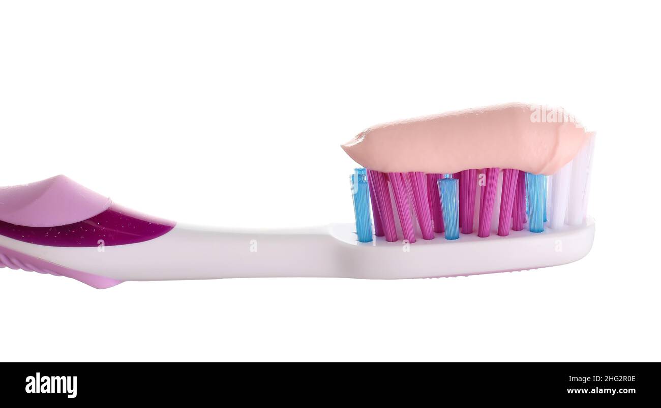 Brush with toothpaste on white background, closeup Stock Photo - Alamy